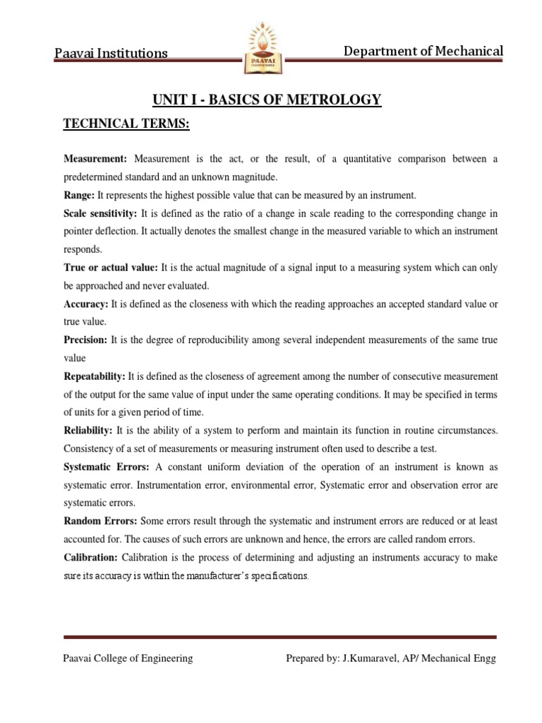 Unit I - Basics of Metrology: Paavai Institutions Department of Mechanical | PDF | Observational ...