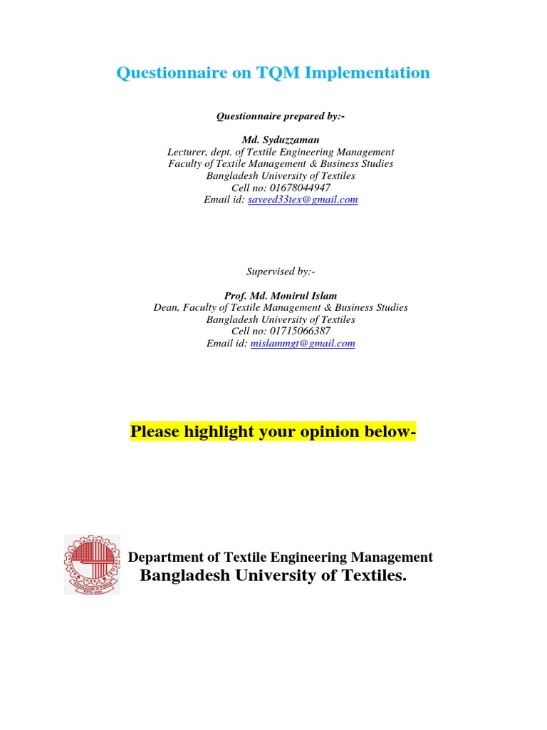 Questionnaire On TQM Implementation PDF | PDF | Quality Management ...
