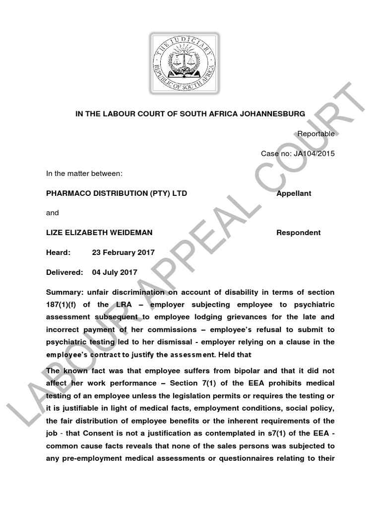 Pharmaco Distribution V Weideman PDF | PDF | Discrimination | Employment