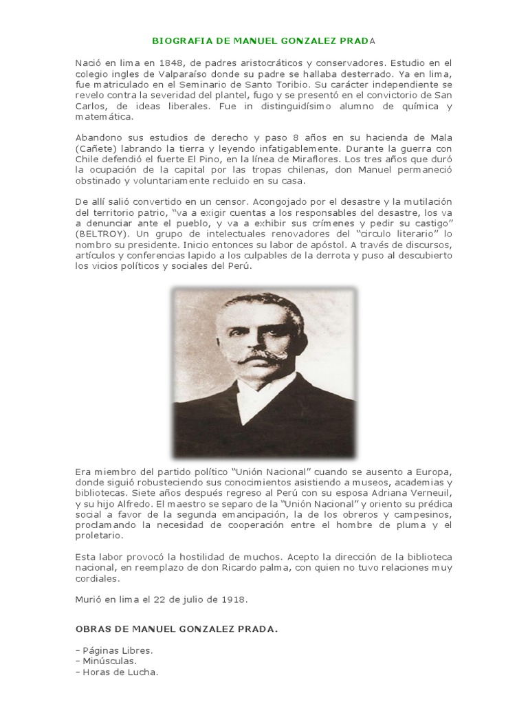BIOGRAFIA DE MANUEL GONZALEZ PRADA.docx | Ensayos | Política