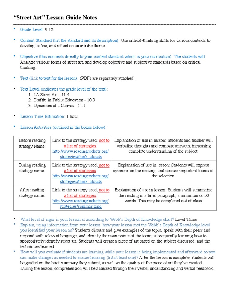 Street Art Lesson Guide Notes | PDF | Education Theory | Cognition