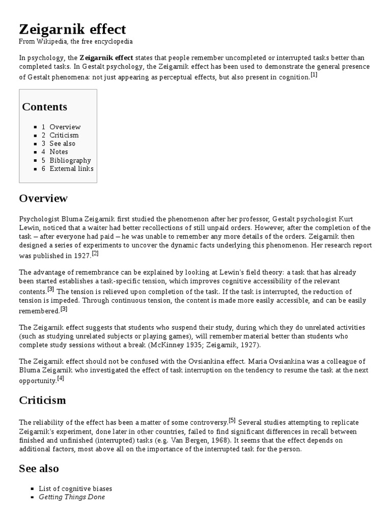 Zeigarnik Effect: From Wikipedia, The Free Encyclopedia | PDF ...