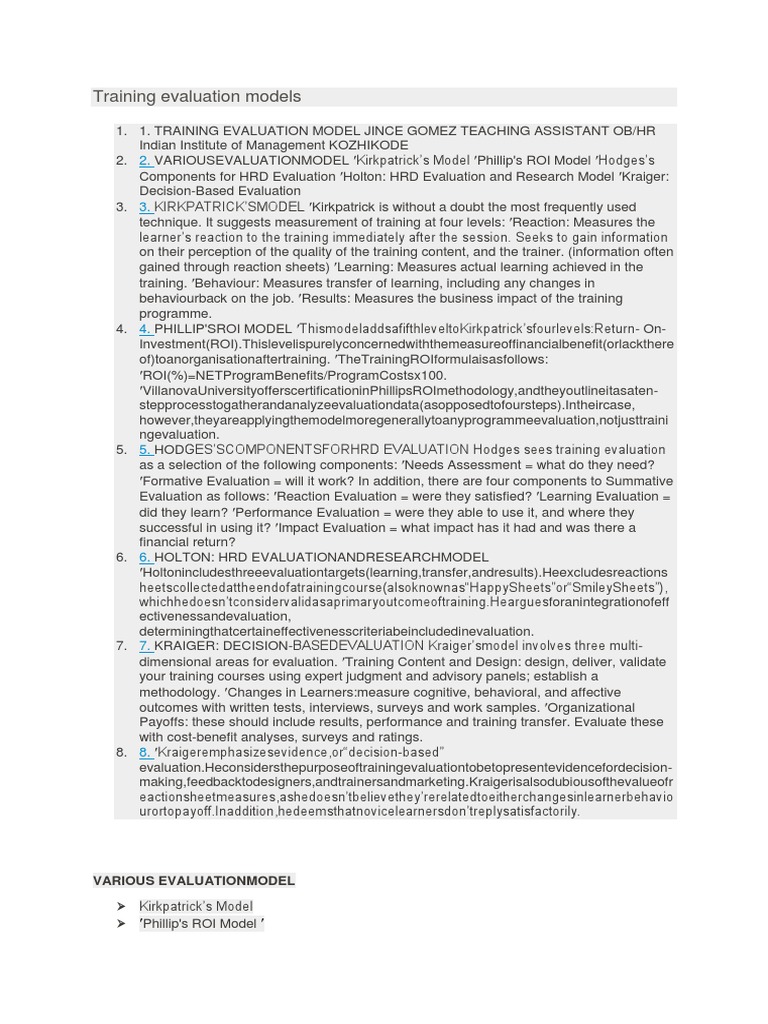 Training Evaluation Models: Various Evaluationmodel | PDF | Survey ...