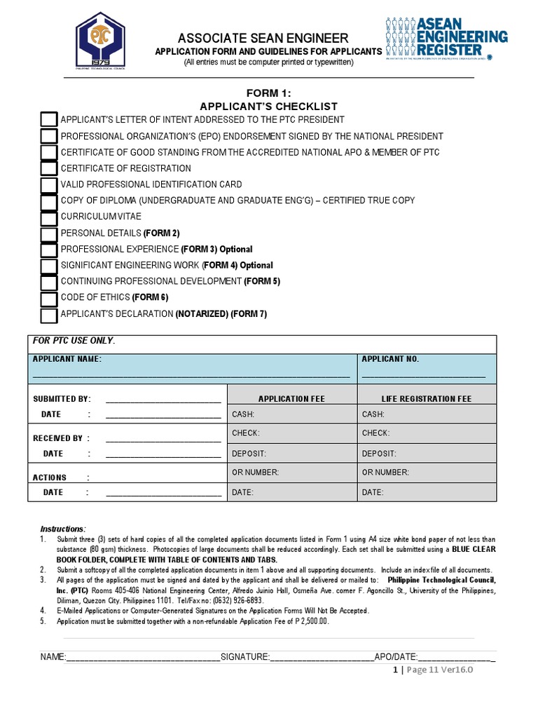 Associate Sean Engineer: Form 1: Applicant'S Checklist | Download Free ...
