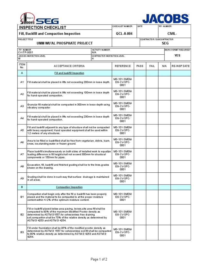 Inspection Checklist: Fill, Backfill and Compaction Inspection QCL-A ...