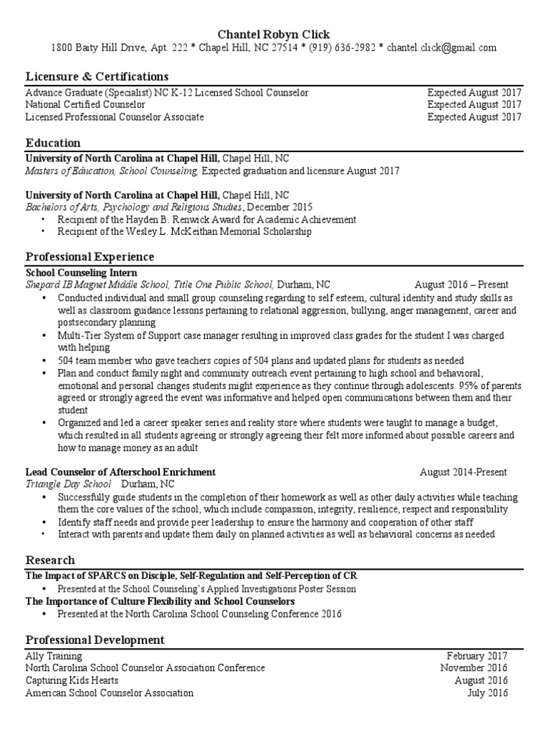 chantel clicks resume | School Counselor | University Of North Carolina ...