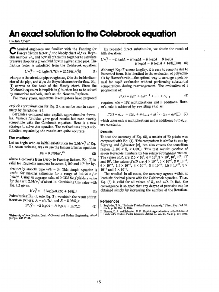 An Exact Solution to the Colebrook Equation | Computational Science ...