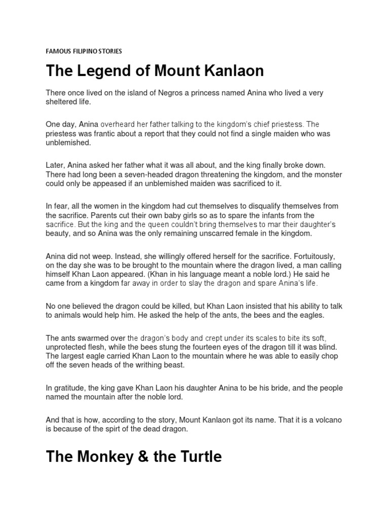 Famous Filipino Stories - Legend of MT Kanlaon. Monkey and The Turtle ...