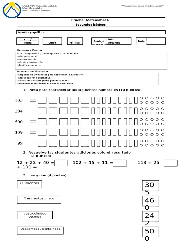 Prueba Unidad Decena y Centena | PDF | Enseñanza de matemática