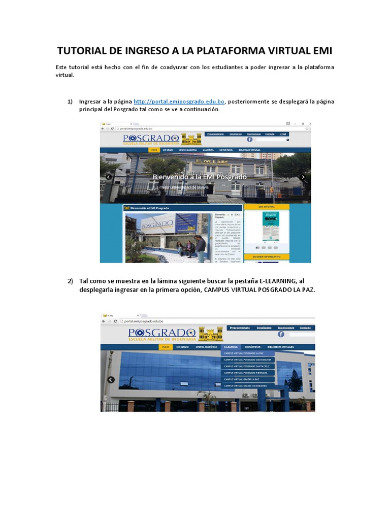 Tutorial de Ingreso A La Plataforma Virtual Emi | PDF