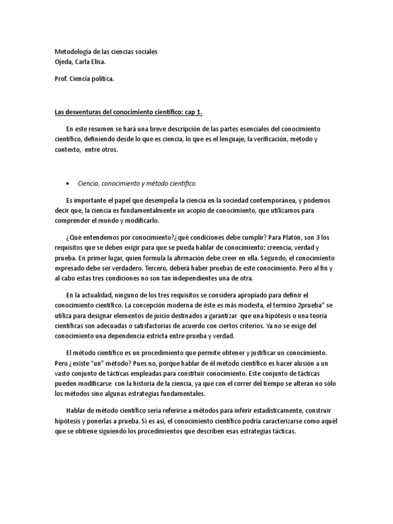 Cap 1 Las Desventuras Del Conocimiento Científico - Klimovsky - Resumen | PDF | Science | Verdad