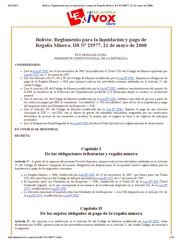 2852bolivia - Reglamento para La Liquidación y Pago de Regalía Minera, DS #29577, 21 de Mayo de ...