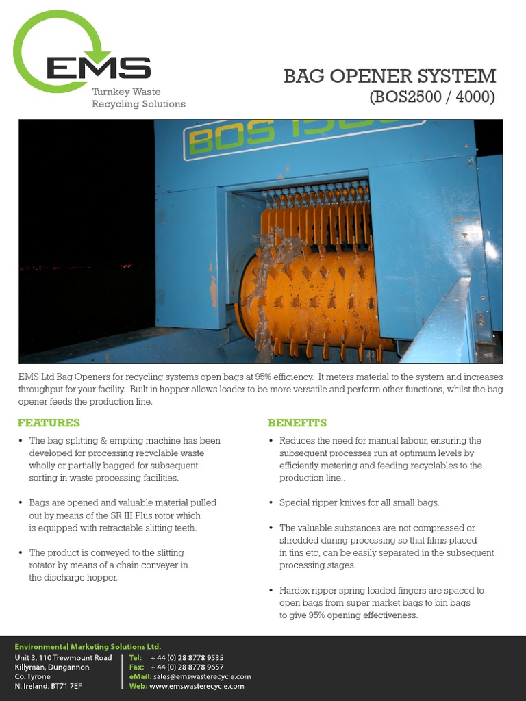 Bag Opener System: Features Benefits | PDF | Recycling | Waste