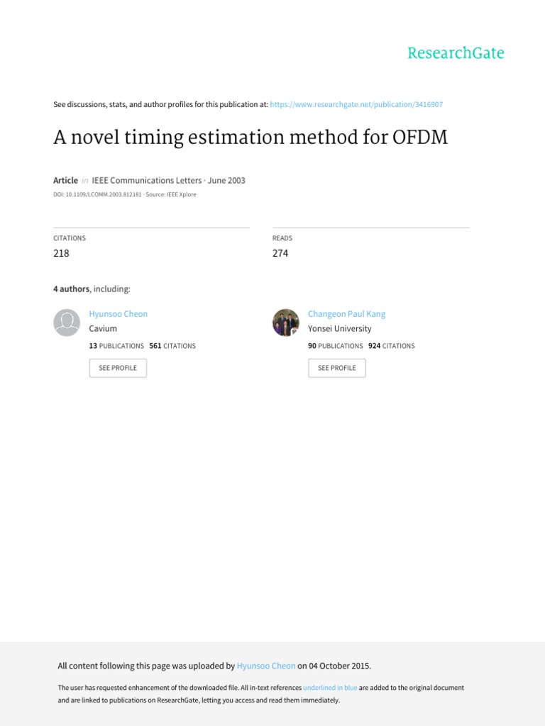 A Novel Timing Estimation Method For OFDM Systems (Journal) | PDF | Orthogonal Frequency ...