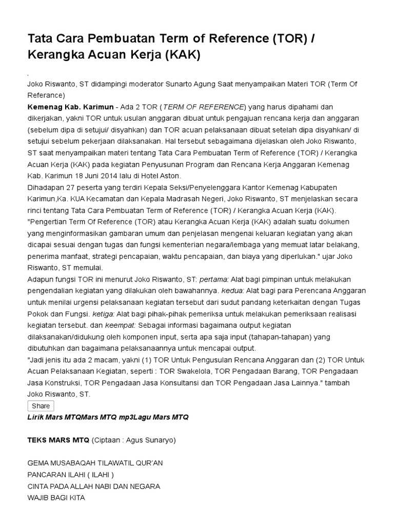 Panduan Pembuatan TOR dan KAK Kemenag | PDF