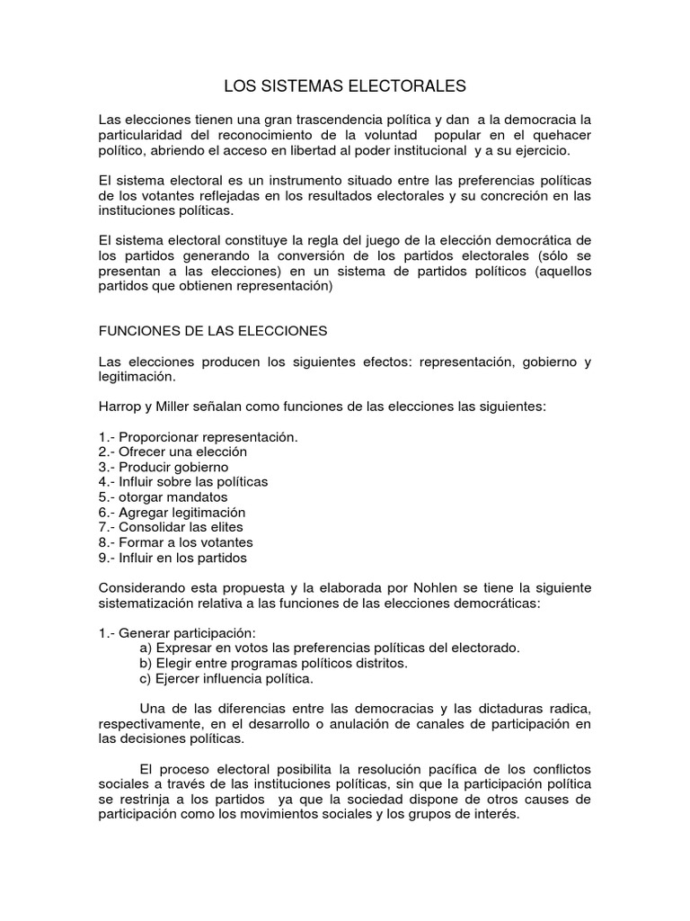 Los Sistemas Electorales Resumen | PDF | Votación | Elecciones