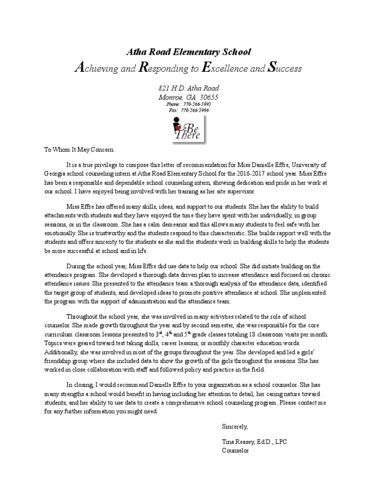 Danielle Effre Recommendation | PDF | School Counselor | Curriculum