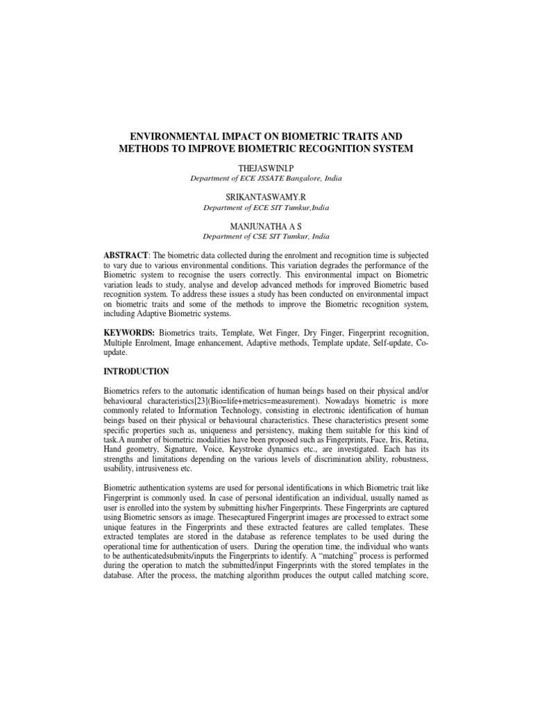 Environmental Impact On Biometric Traits and Methods To Improve Biometric Recognition System ...