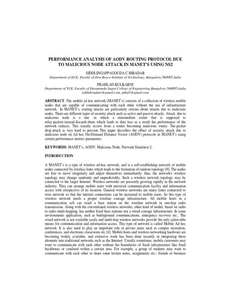 Performance Analysis of Aodv Routing Protocol Due To Malicious Node Attack in Manet'S Using Ns2 ...