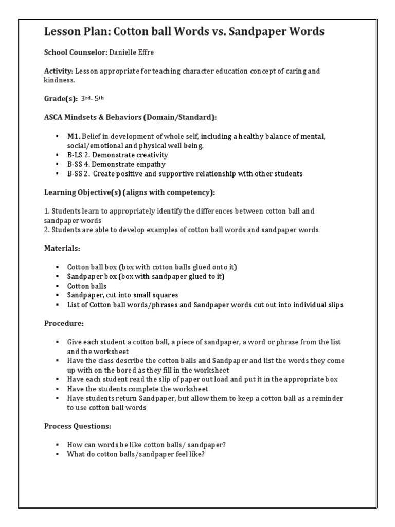 Lesson Plan Cotton Ball Vs Sandpaper Words | PDF
