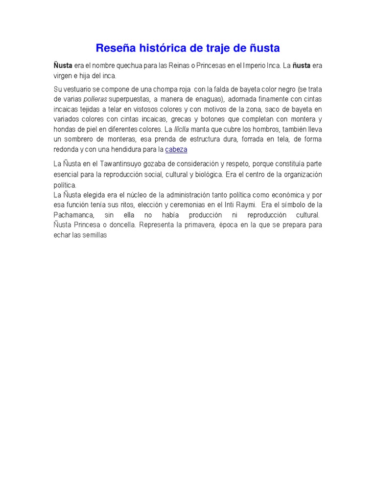 Reseña Histórica de Traje de Ñusta | PDF | Imperio Inca | Ropa