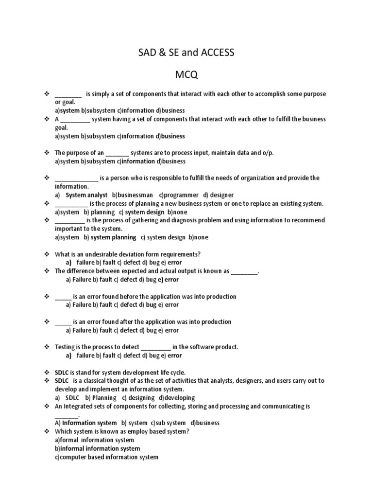 Ch1 Sad & Access MCQ | PDF | Feasibility Study | Information System