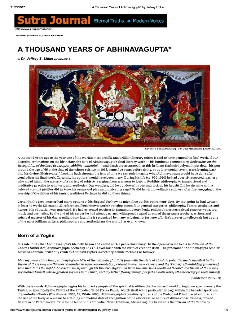 A Thousand Years of Abhinavagupta - by Jeffrey Lidke | PDF