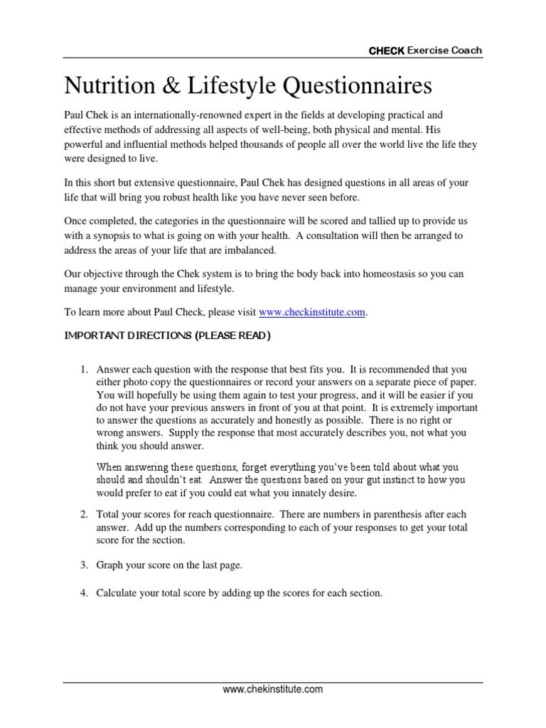 Nutrition & Lifestyle Questionnaires: CHECK Exercise Coach | PDF ...
