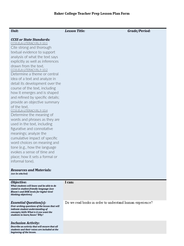 Unit: CCSS or State Standards: Lesson Title: Grade/Period:: Baker ...