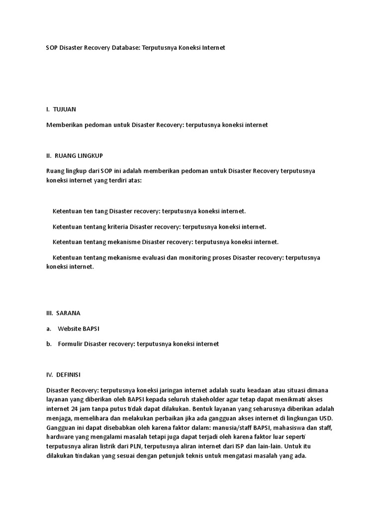Contoh SOP Disaster Recovery Database | PDF