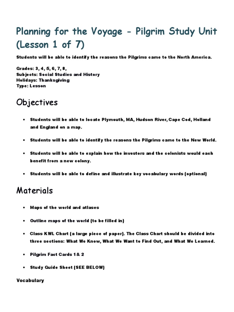 Lesson - Social Studies - Pilgrims, Mayflower Voyager | PDF | Plymouth ...