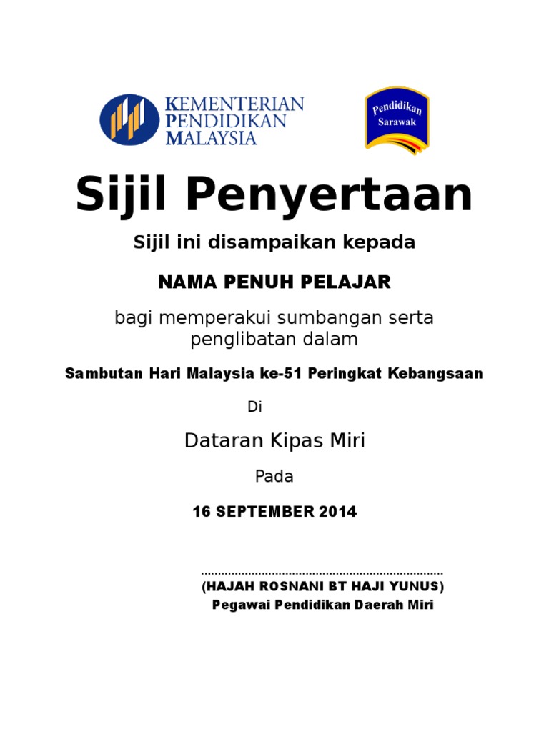 Contoh Sijil Hari Malaysia 2014 | PDF