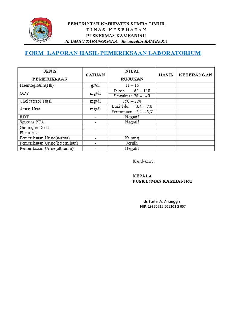 Form Laporan Hasil Pemeriksaan Lab | PDF
