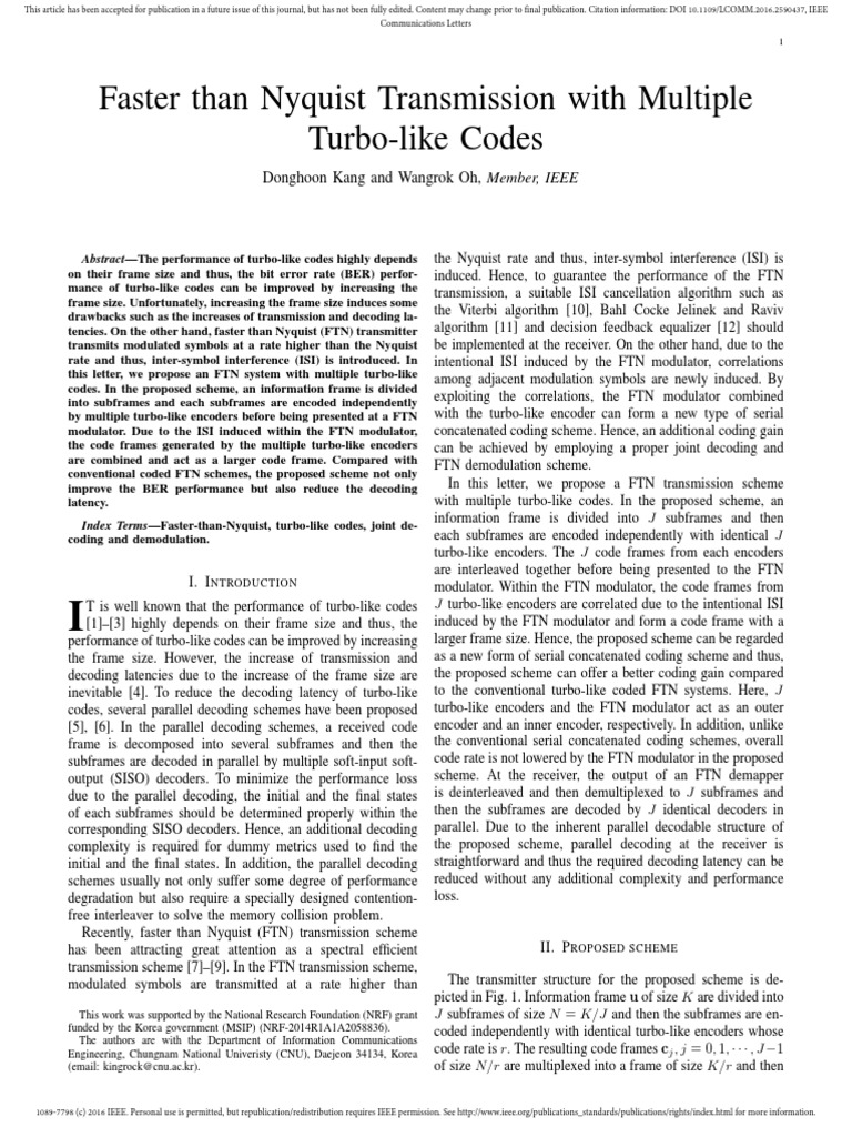Faster Than Nyquist Transmission With Multiple Turbo Like Codes Pdf Forward Error Correction