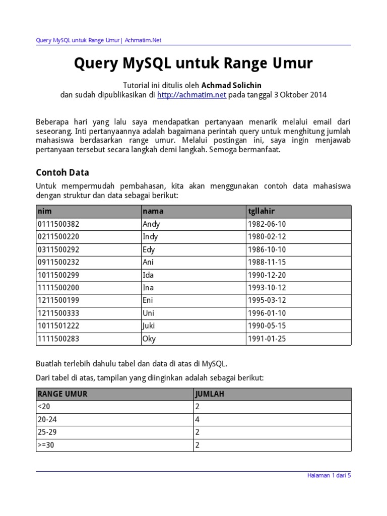 Query Mysql Untuk Range Umur | PDF Query Mysql Untuk Range Umur | PDF