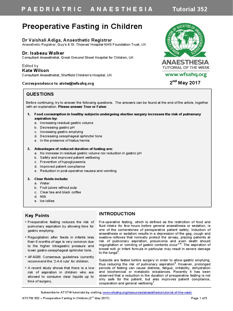 Preoperative Fasting | PDF | Vomiting | Anesthesia