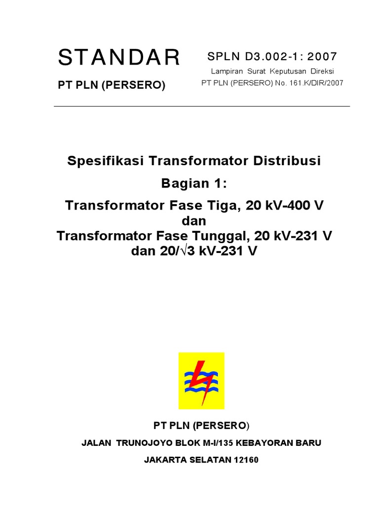 SPLN D3.002-1 2007 Spesifikasi Transformator Distribusi PDF | PDF