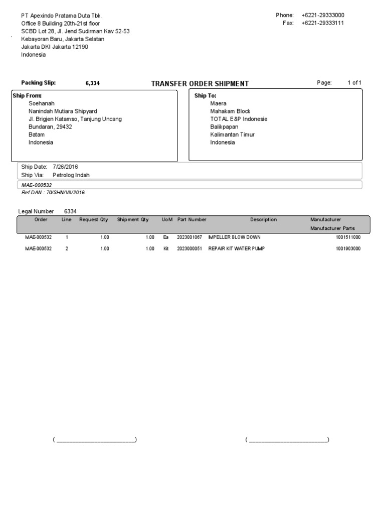 Transfer Order Shipment: Packing Slip: 6,334 Ship To: Ship From | PDF
