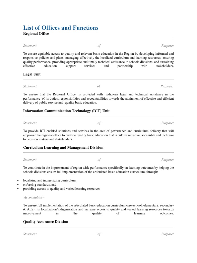 List of Offices and Functions: Regional Office | PDF | Curriculum ...