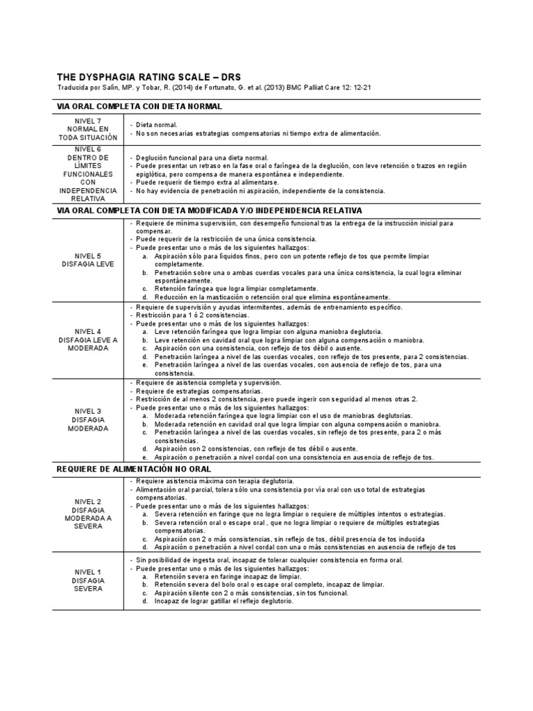 Escala de Disfagia DRS: Niveles y Evaluación | PDF | Medicina ...