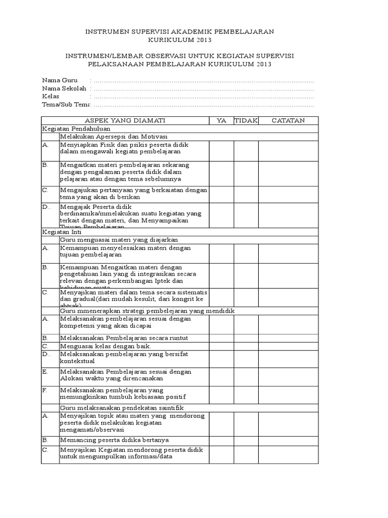 Instrumen Atau Lembar Observasi Untuk Kegiatan Supervisi | PDF | Karier & Perkembangan | Seni