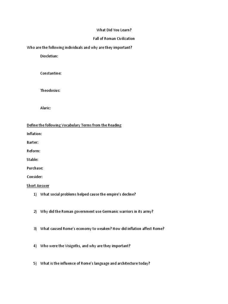 Fall of Roman Empire Graphic Organizer Questions | PDF | Ancient Rome ...