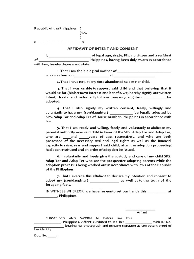 Affidavit of Intent and Consent for Adoption TEMPLATE | Adoption ...