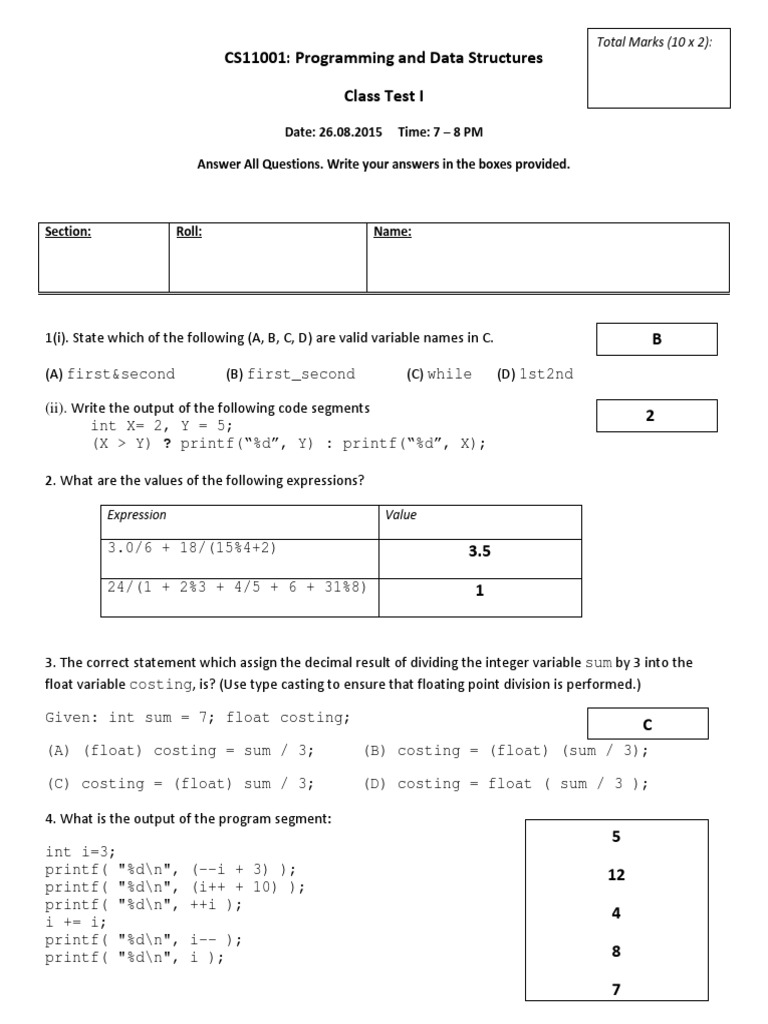 Cs11001 Programming And Data Structures Class Test I Pdf C Programming Language Notation 9141