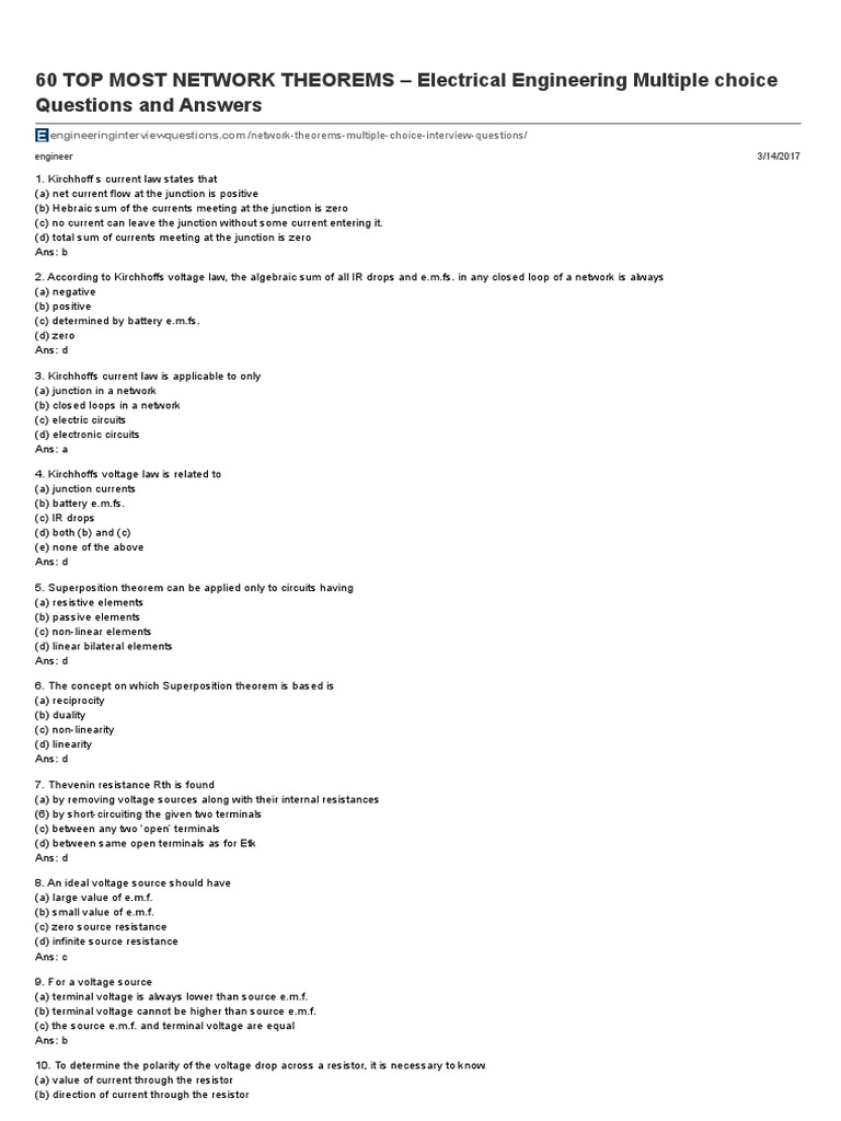 60 TOP MOST NETWORK THEOREMS - Electrical Engineering Multiple Choice ...