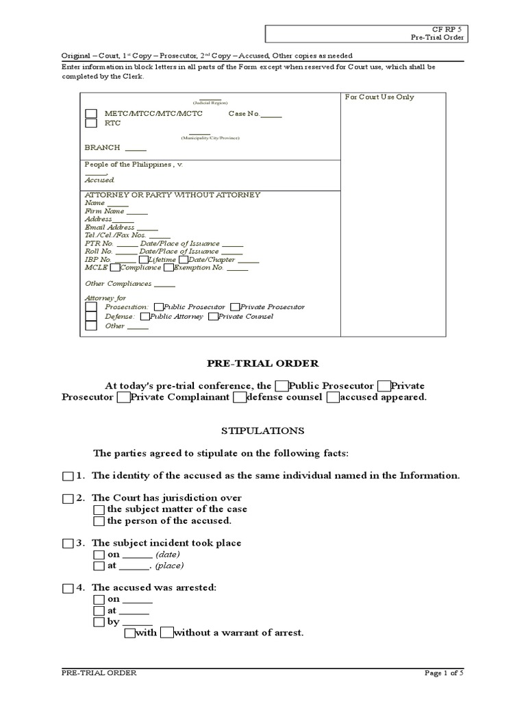 Pre-Trial Order for Criminal Case | PDF | Prosecutor | Lawsuit
