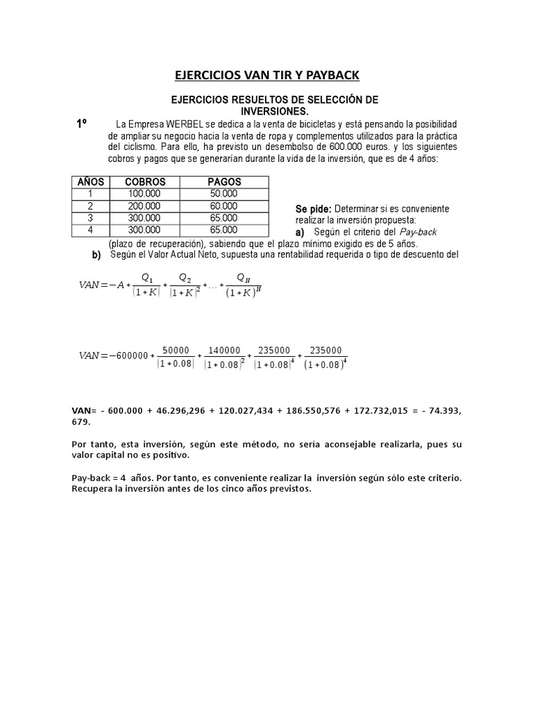 Ejercicios Van Tir y Payback | PDF | Valor presente neto | Dinero
