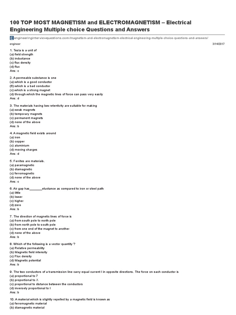 100 TOP MOST MAGNETISM and ELECTROMAGNETISM - Electrical Engineering ...