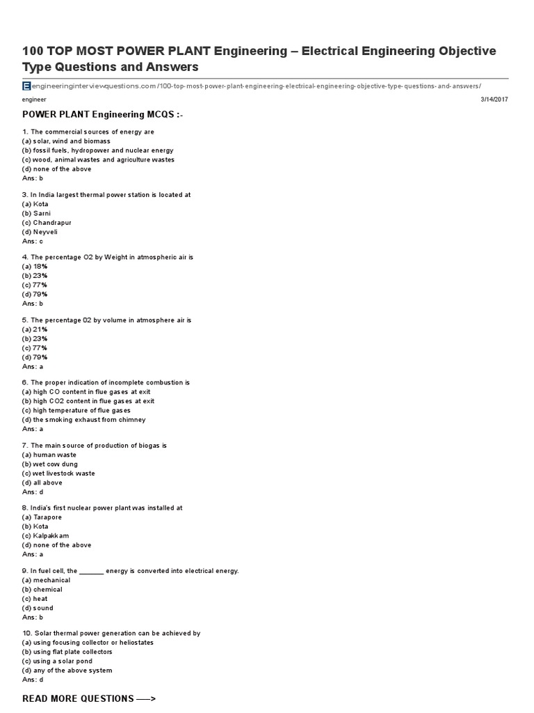 100 TOP MOST POWER PLANT Engineering - Electrical Engineering Objective Type Questions and ...