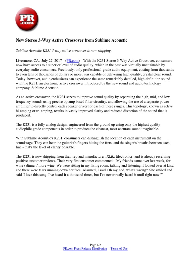 New Stereo 3-Way Active Crossover From Sublime Acoustic | PDF | Acoustics | Amplifier